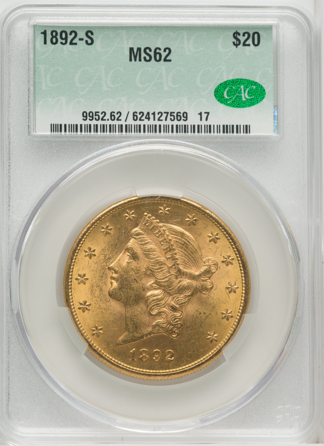 1892-S $20 Liberty Double Eagle CACG MS62 - LCR Coin