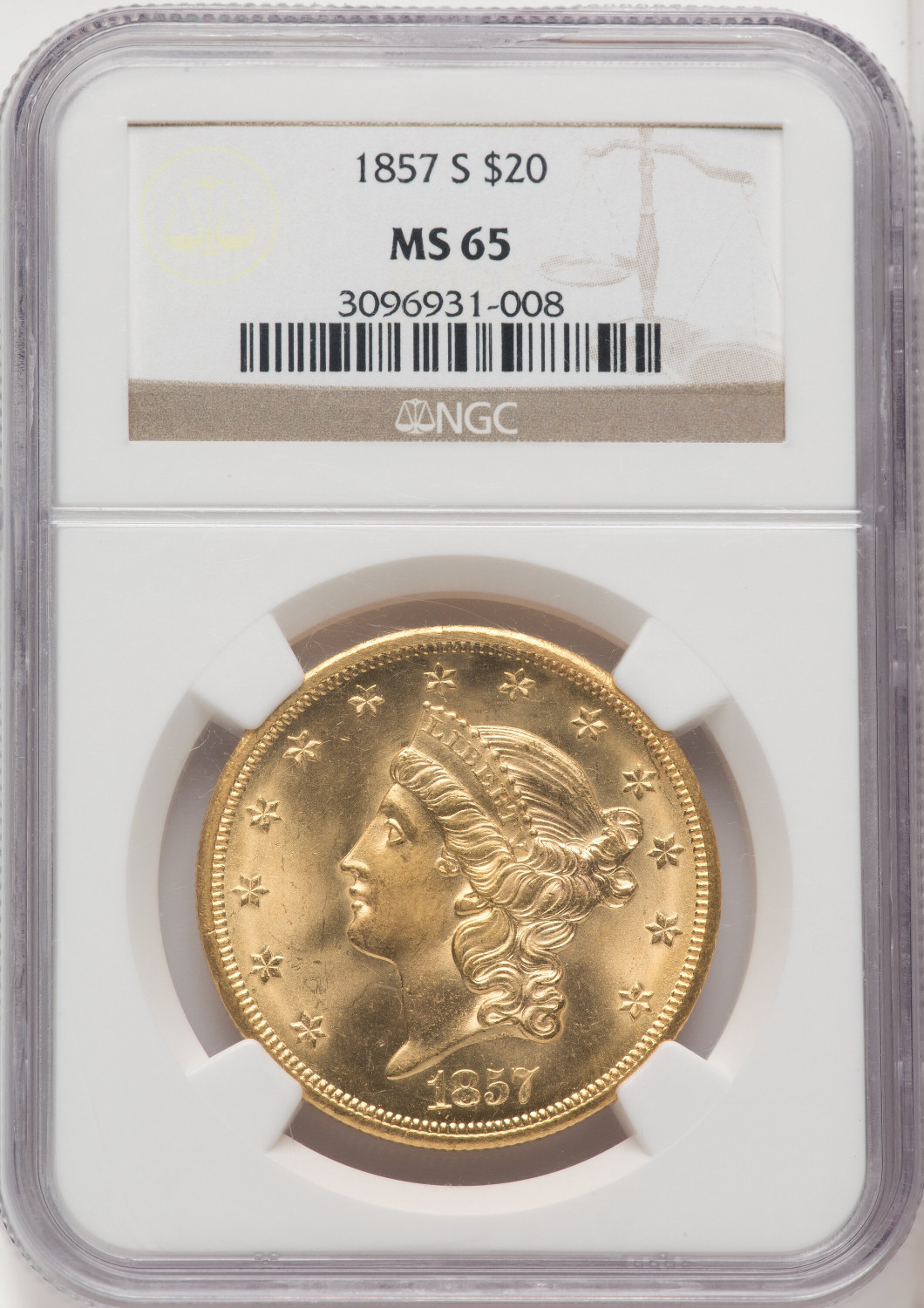 1857-S $20 Liberty Double Eagle NGC MS65 - LCR Coin