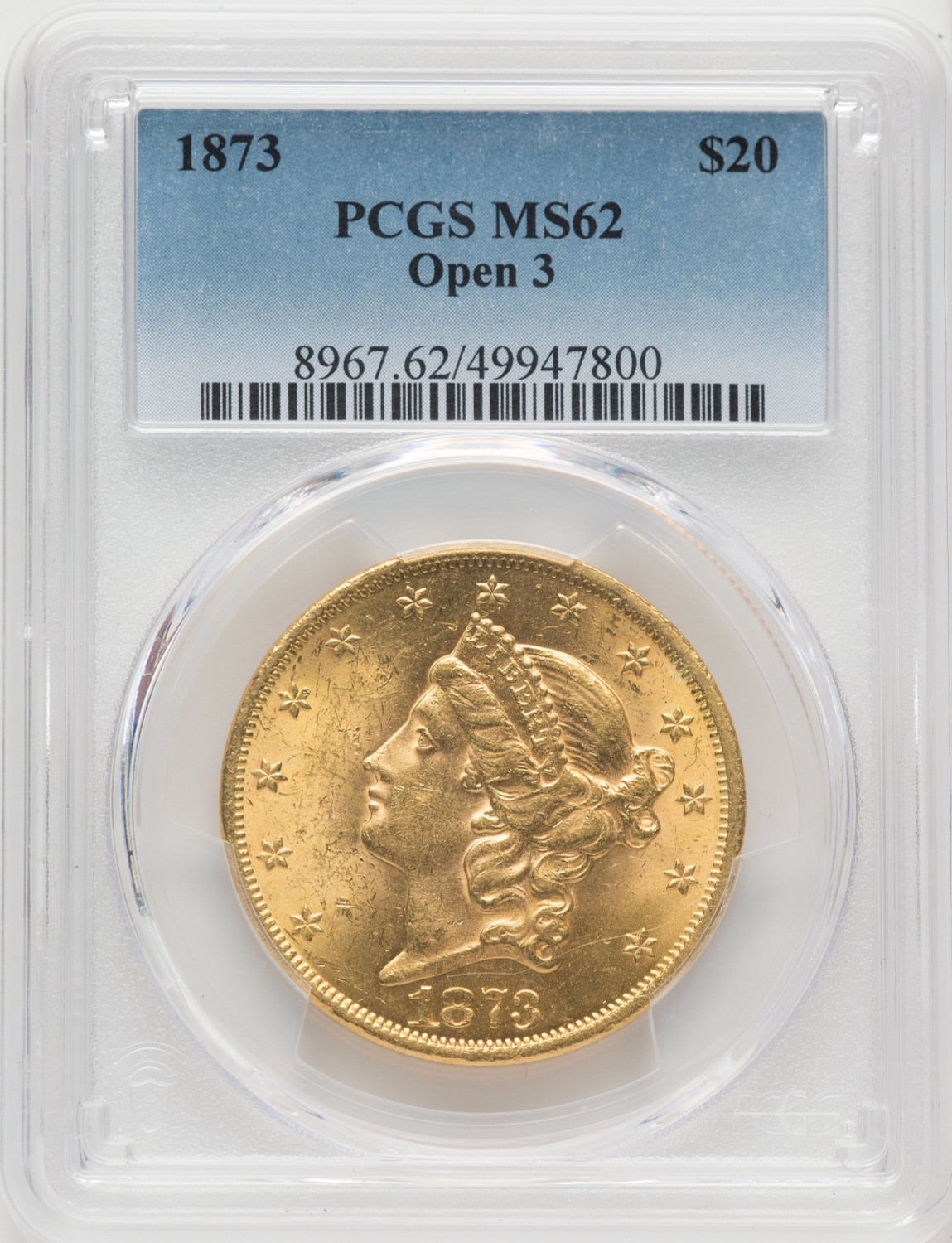 1873 $20 OPEN 3 Liberty Double Eagle PCGS MS62 (506565006) - LCR Coin