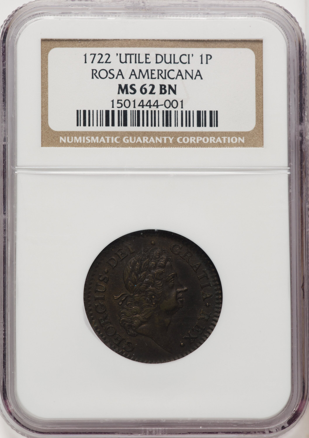1722 PENNY Rosa Americana UTILE BN Colonials NGC MS62 - LCR Coin