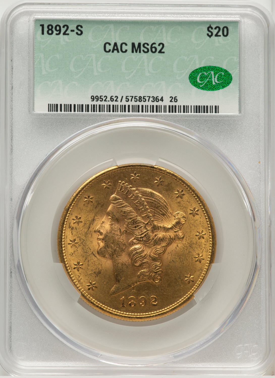 1892-S $20 Liberty Double Eagle CACG MS62 (572320056) - LCR Coin