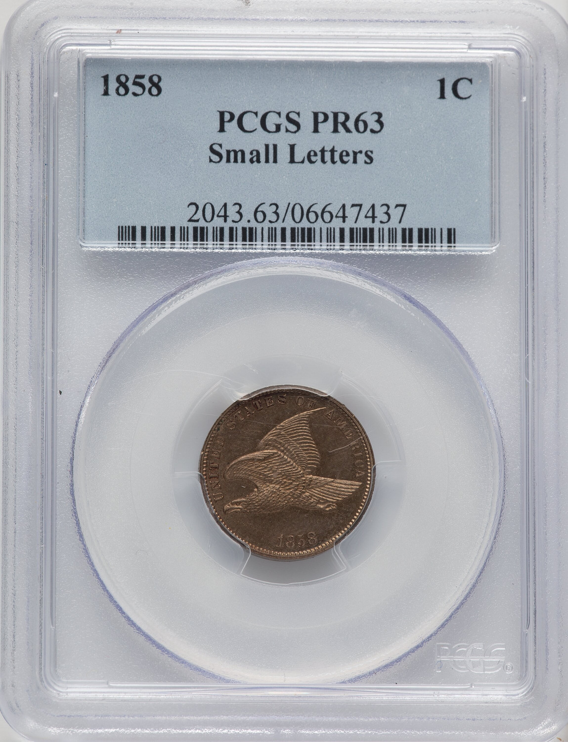 1858 Small Letters Proof Flying Eagle Cent PCGS PR63 - LCR Coin