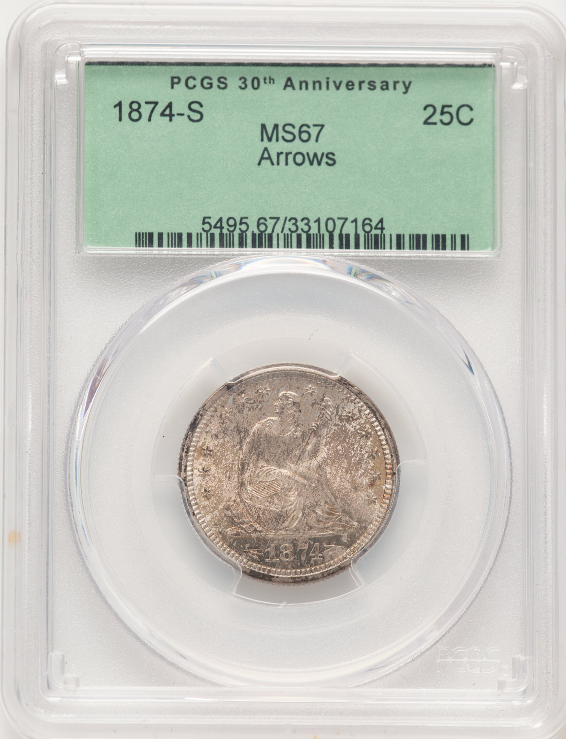 1874-S 25C ARROWS Seated Quarter PCGS MS67 - LCR Coin