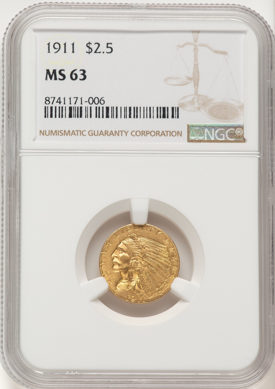 1911 $2.50 Brown Label Indian Quarter Eagle NGC MS63 (783605013) - LCR Coin