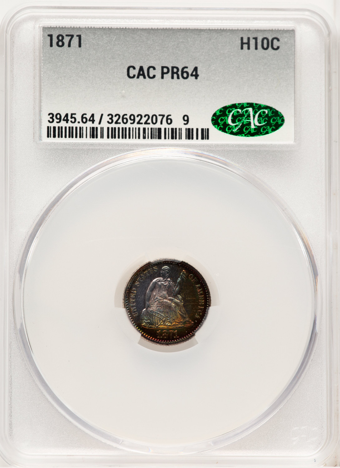 1871 H10C Proof Seated Half Dime CACG PR64 - LCR Coin