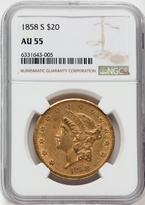 1858-S $20 Liberty Double Eagle NGC AU55 - LCR Coin