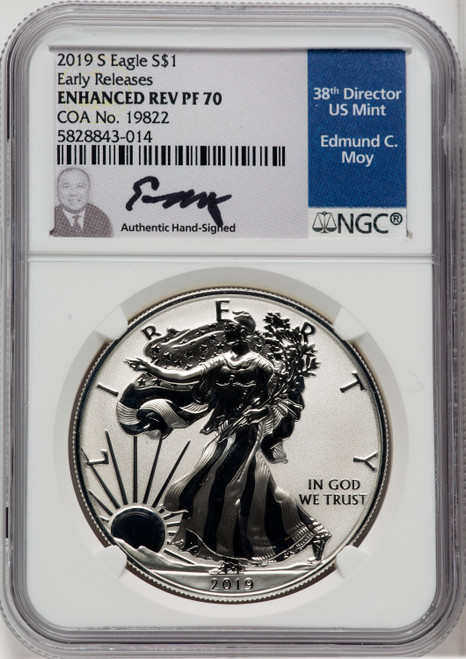 2019-S S$1 Silver Eagle Enhanced Rev First Strike NGC PF70 Ed Moy Signed - LCR Coin
