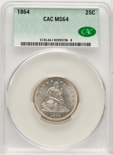 1864 25C Seated Quarter CACG MS64 - LCR Coin