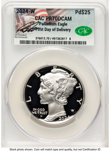 2024-W Palladium Eagle 1 oz First Day of Delivery Ron Drzewuki CACG ...