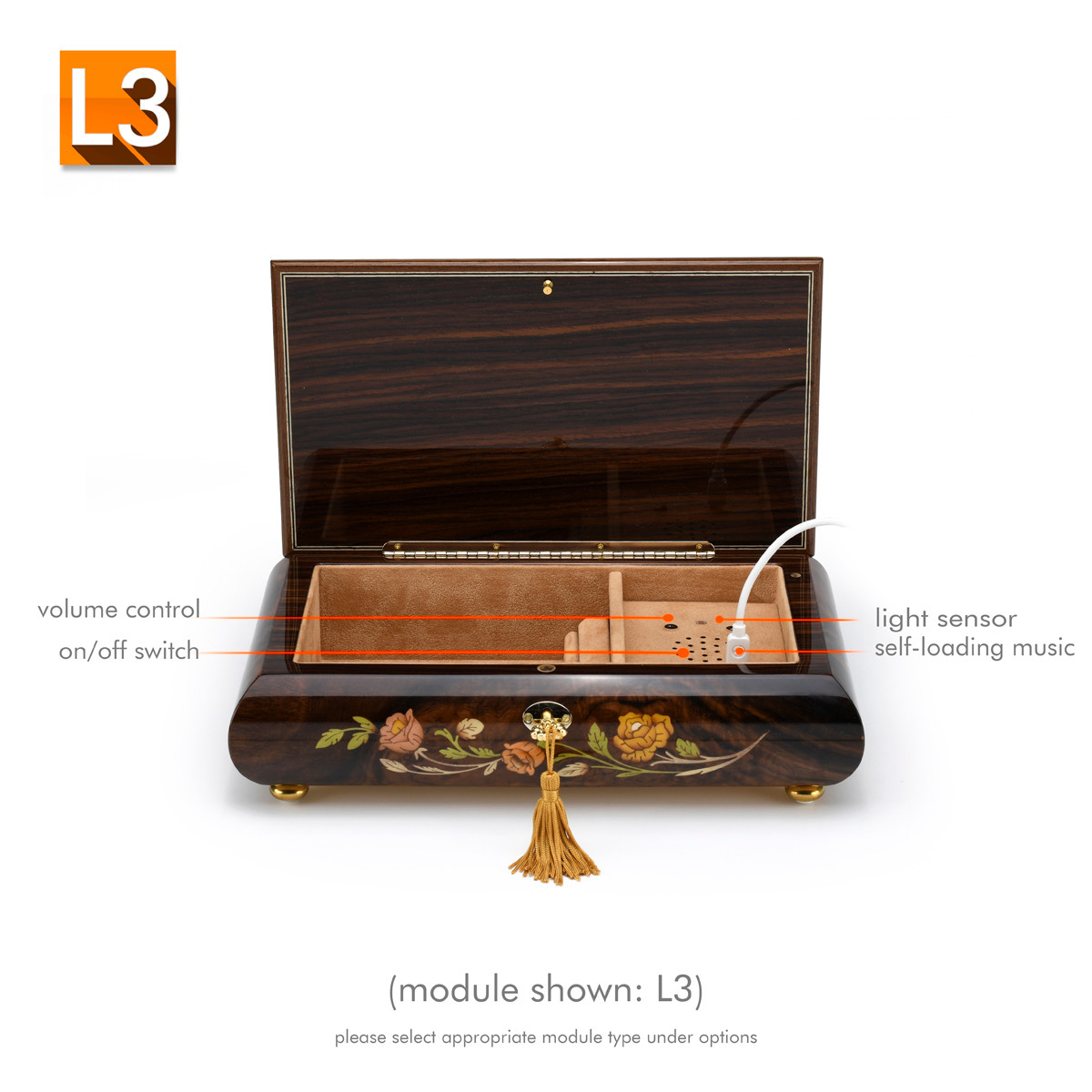 Handcrafted Roses Inlay Italian Musical Custom Sound Module Jewelry Box ...