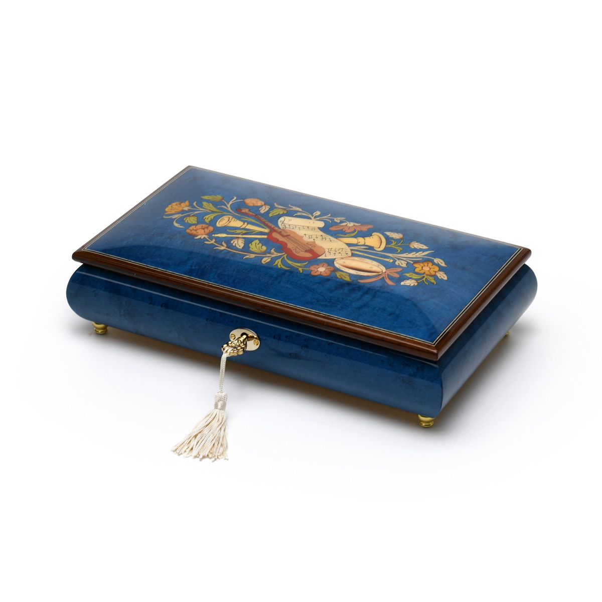 Vibrant 18 Note Royal Blue Floral Wood Inlay Music Box - MusicBoxAttic.com