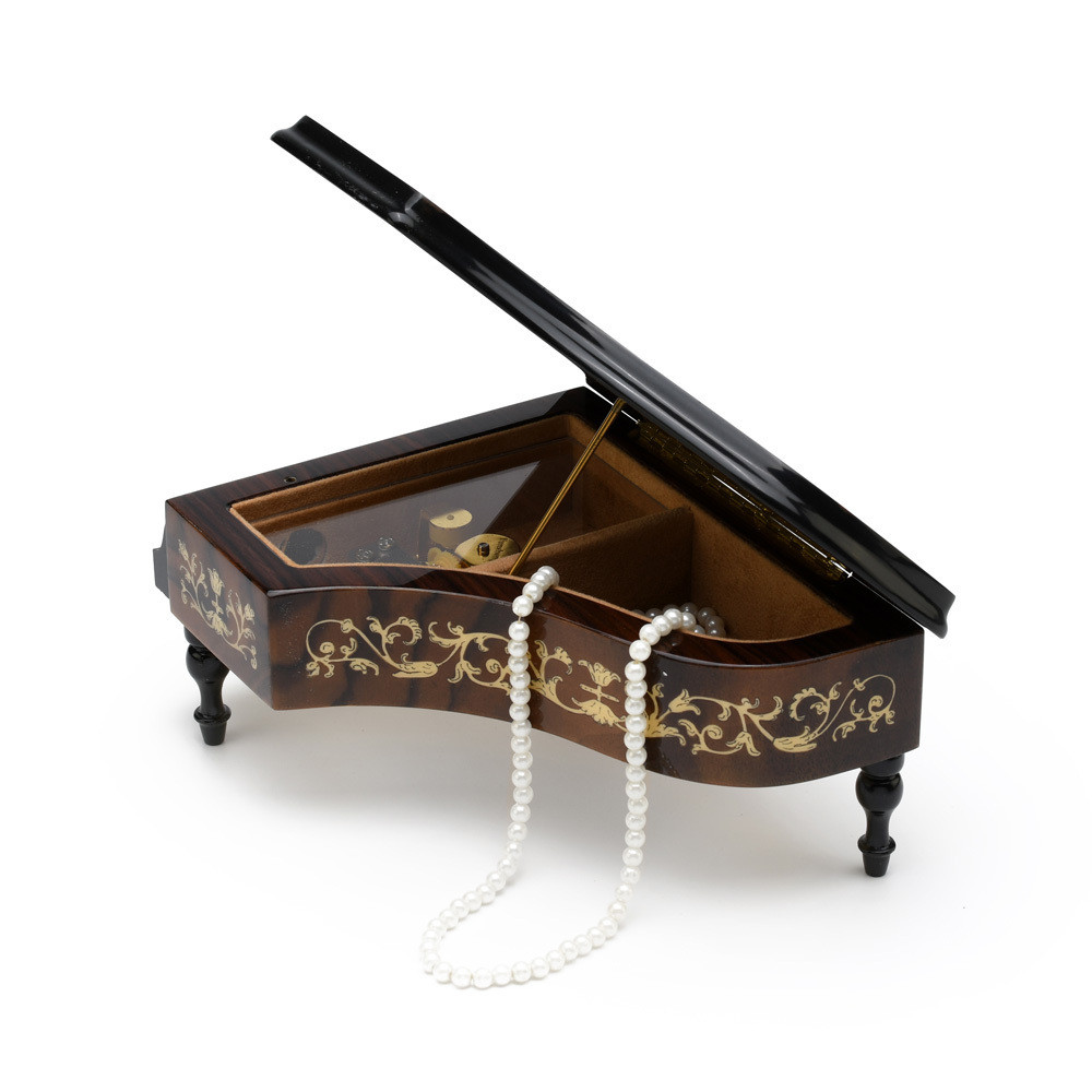 Ornate 30 Note Walnut Finish Grand Piano with Arabesque Inlay Music Box ...
