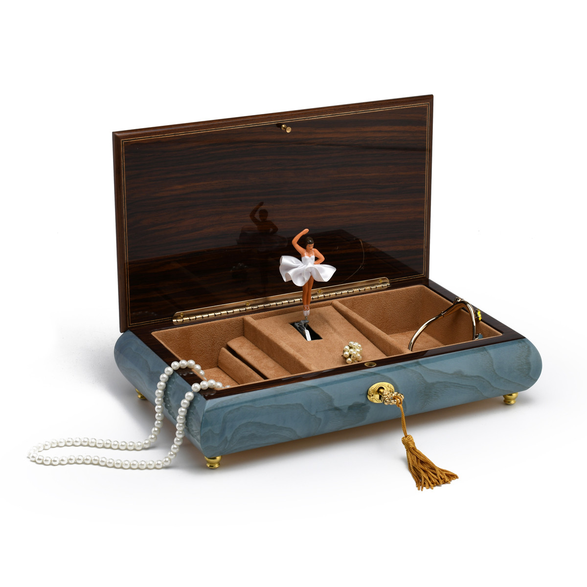 Handcrafted 18 Note Sea Blue Floral Inlay Music Box with Spinning ...