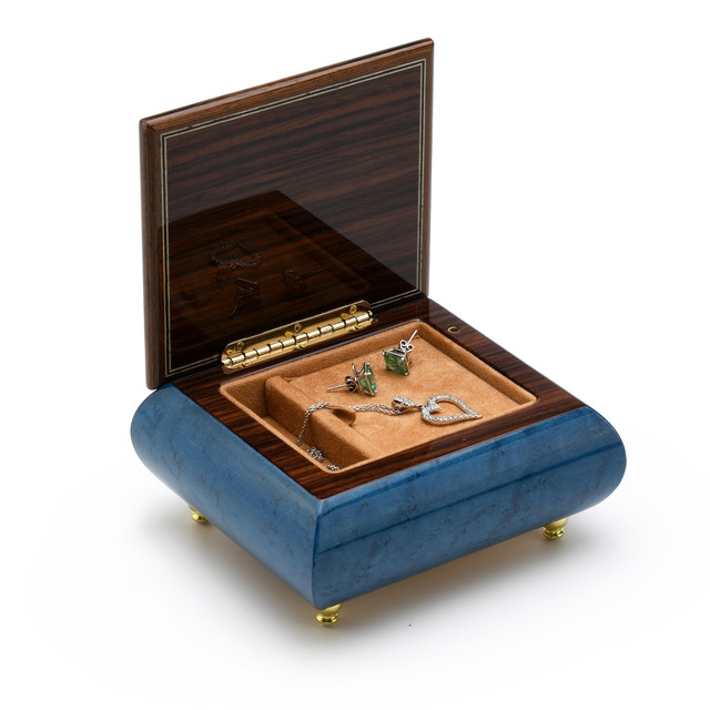Vibrant 18 Note Royal Blue Floral Wood Inlay Music Box - MusicBoxAttic.com
