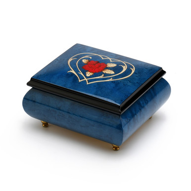 Blue Musical Keepsake Box with Rose Inlay | Music Box Attic