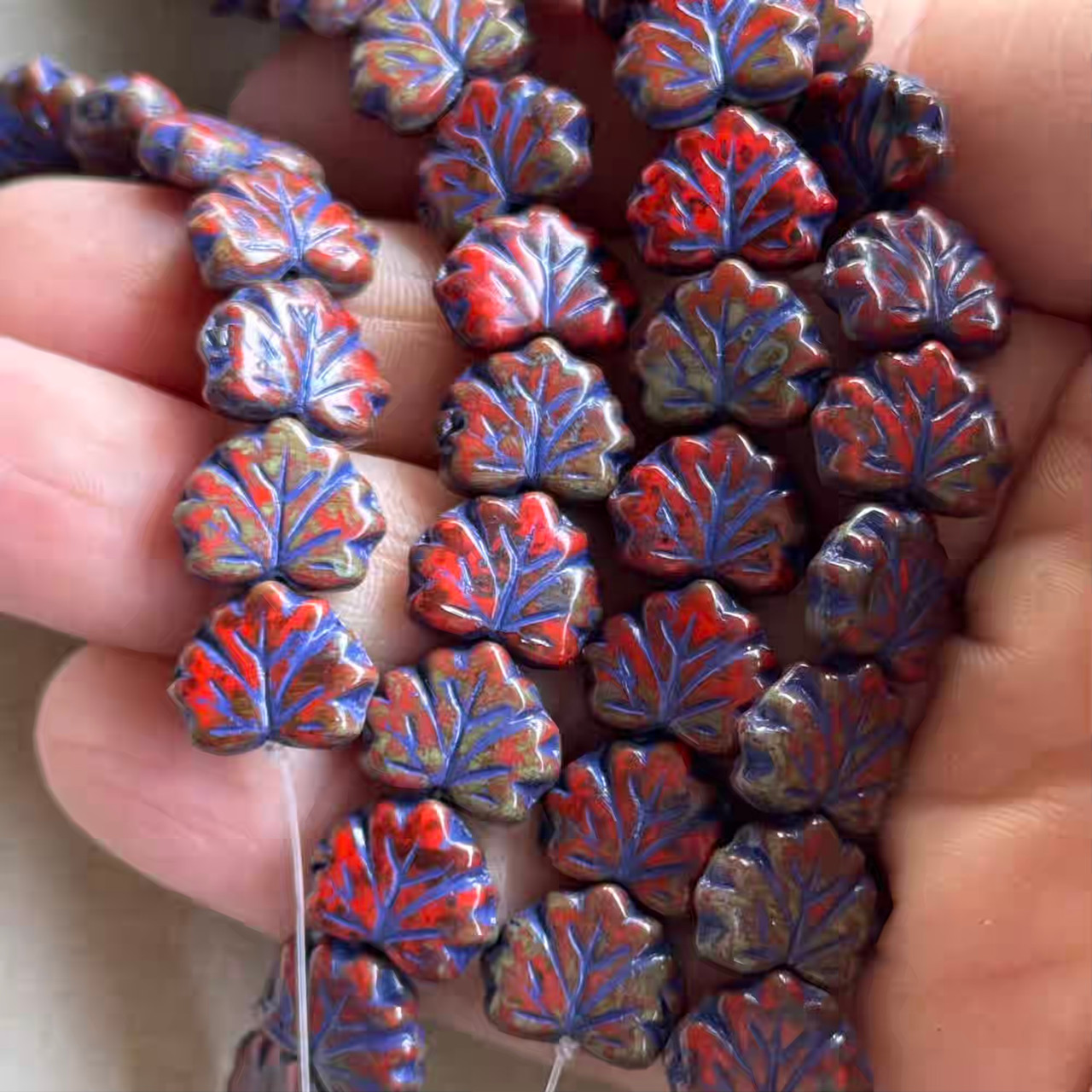 13x11mm Maple Leaf Czech Glass Beads Blue Orange Picasso 12Pcs Per Strand