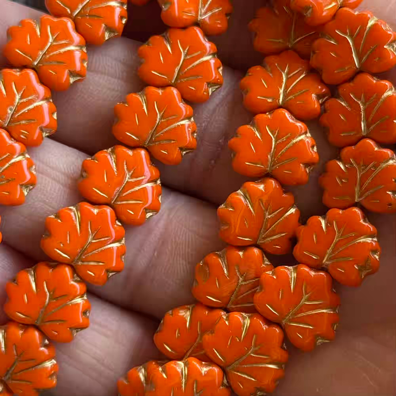 13x11mm Maple Leaf Czech Glass Beads Gilded Orange 12Pcs Per Strand