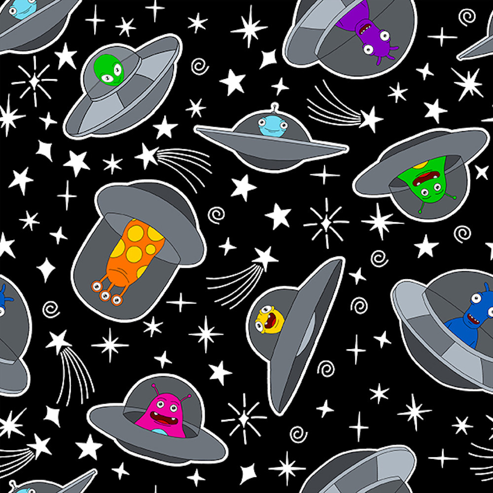 Blank Quilting Amazing Aliens Space Ships w Aliens Black Cotton Fabric ...