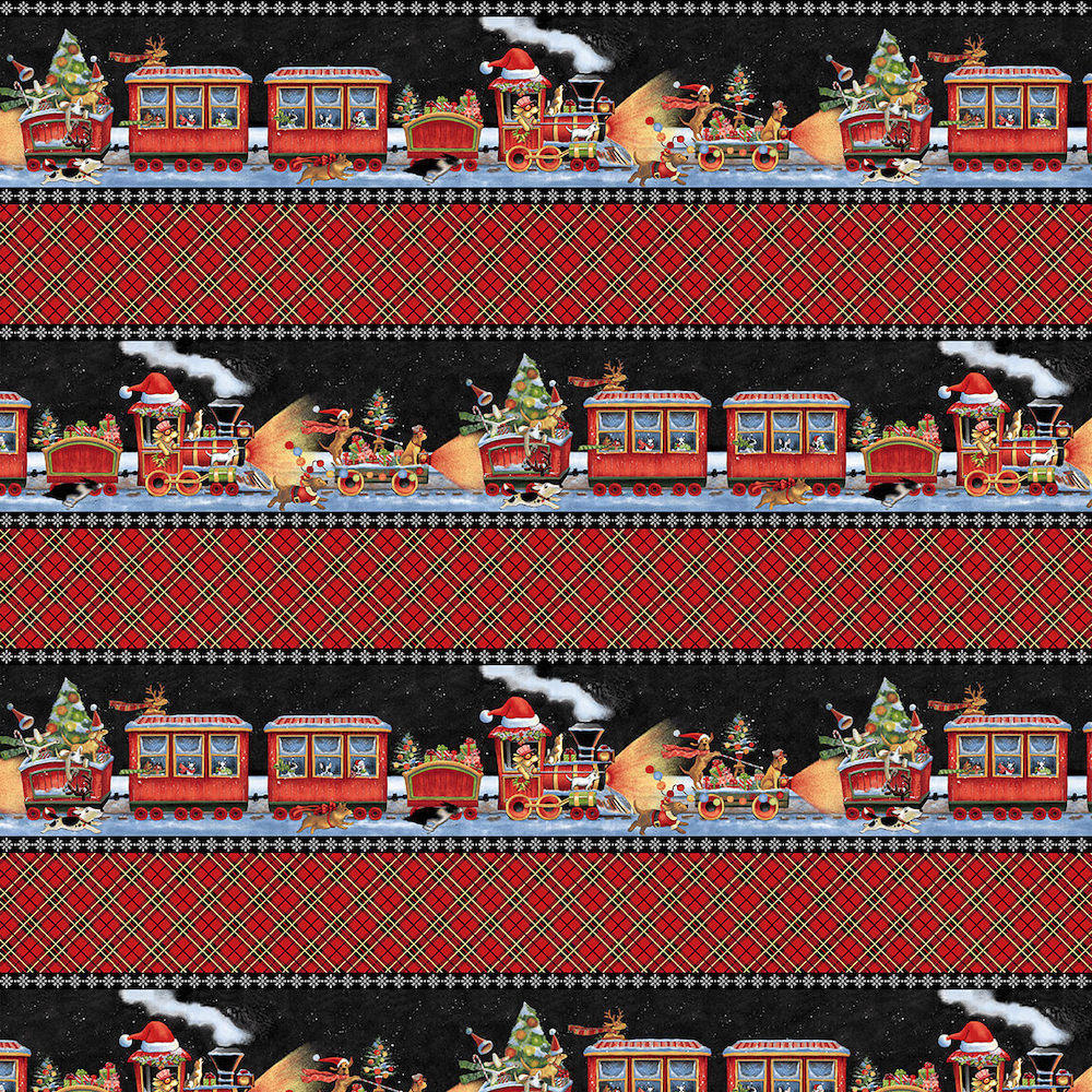 StudioE Snow Dog Express Train Border Stripe Black Fabric By The Yard ...
