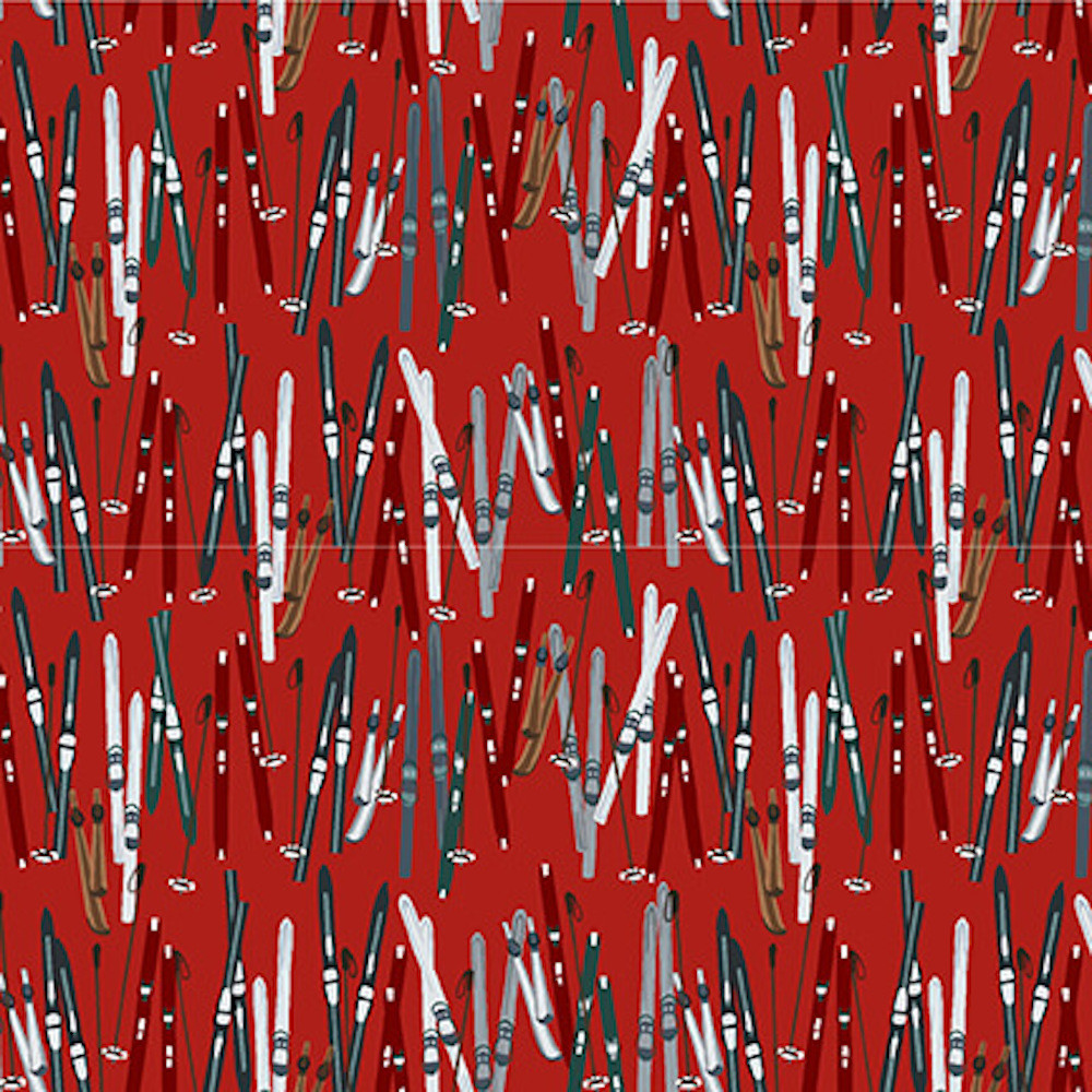 StudioE Alpine Ski Lined Up Skis Red Cotton Quilting Fabric By The Yard ...