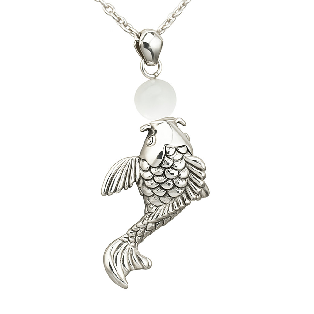 Koi Fish Necklace – Stainless Steel Pendant with White Cat Eye Stone ...