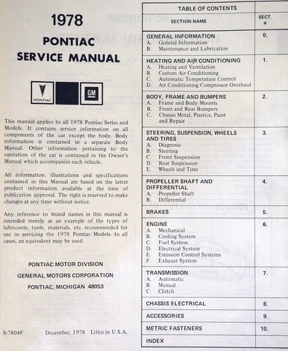 1978 Pontiac All Models Factory Shop Service Manual Original - Factory ...