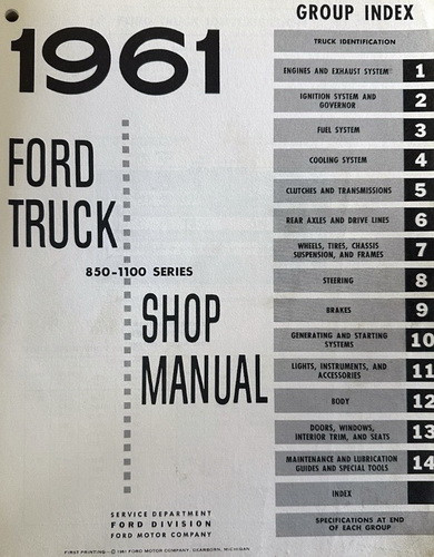 1961 Ford Heavy Truck 850 950 1100 Shop Repair Service Manual Original ...