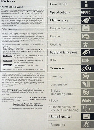 2003 Honda Civic Hybrid SULEV Factory Shop Service Manual Supplement ...