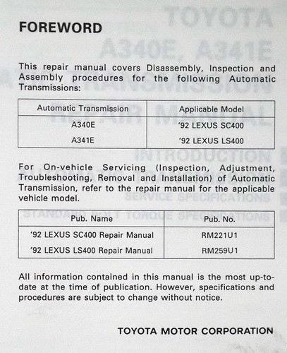 1992 1993 Lexus LS400 SC400 Automatic Transmission Overhaul Repair ...