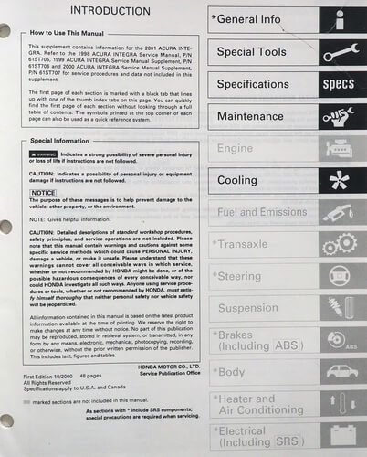 2001 Acura Integra Service Manual Supplement