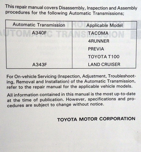 1996-2004 Toyota 4WD A340F A343F Automatic Transmission Overhaul Repair ...