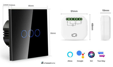 Three Gang Pure Glass Wifi Smart Switch - No Neutral Dimmer Kit - 3 Modules