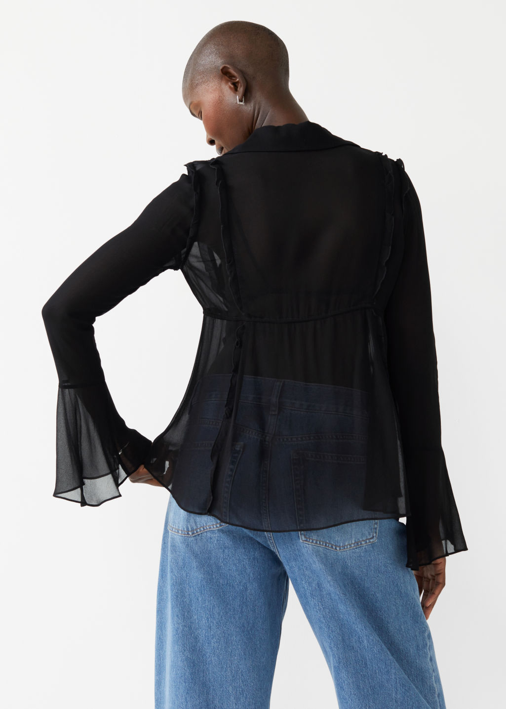 Sheer Tie Blouse Flared Cuffs
