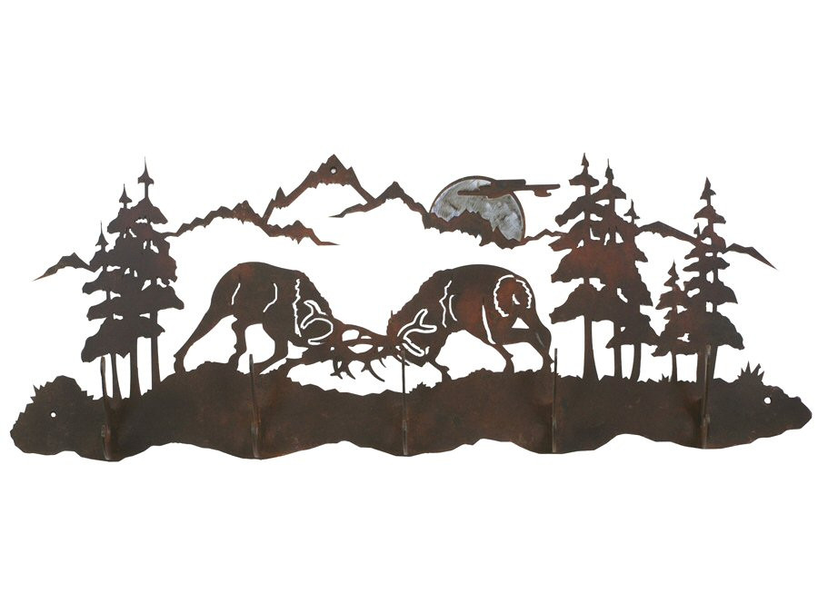 Bull Elk Fighting Five Hook Metal Wall Coat Rack