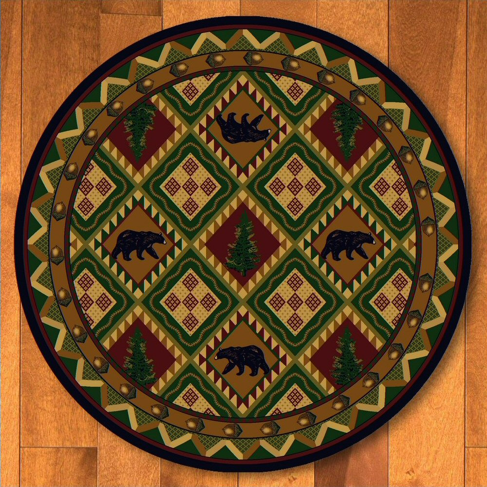 8' Quilted Forest Pine with Bears Wildlife Round Nylon Area Rug - Floor ...