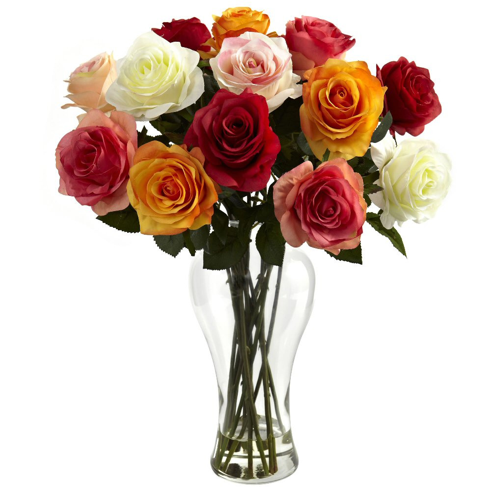 Blooming Red Roses Silk Flower Arrangement with Vase - Artificial ...