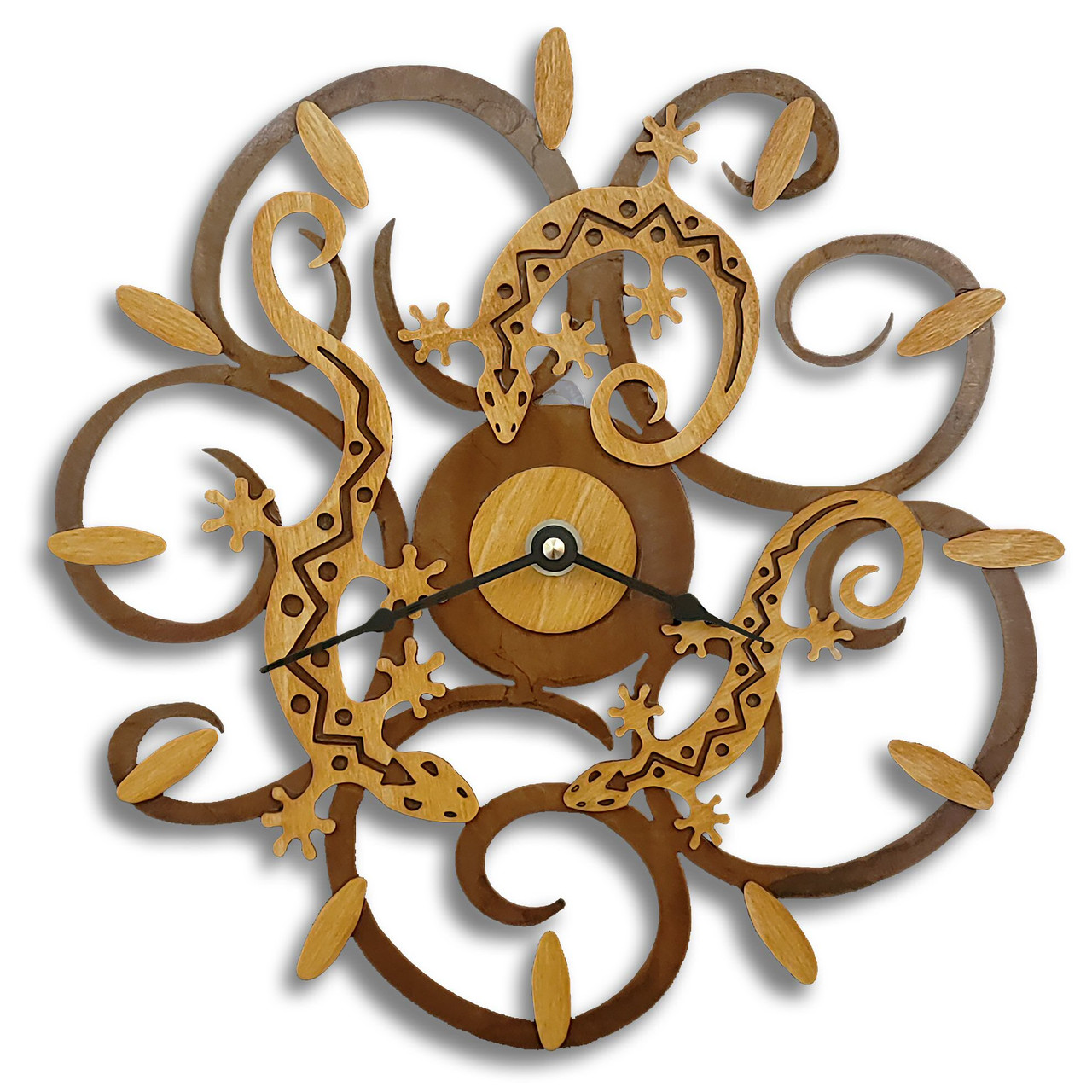 Three Gecko Lizards Southwest Swirl Wood & Metal Wall Clock ...