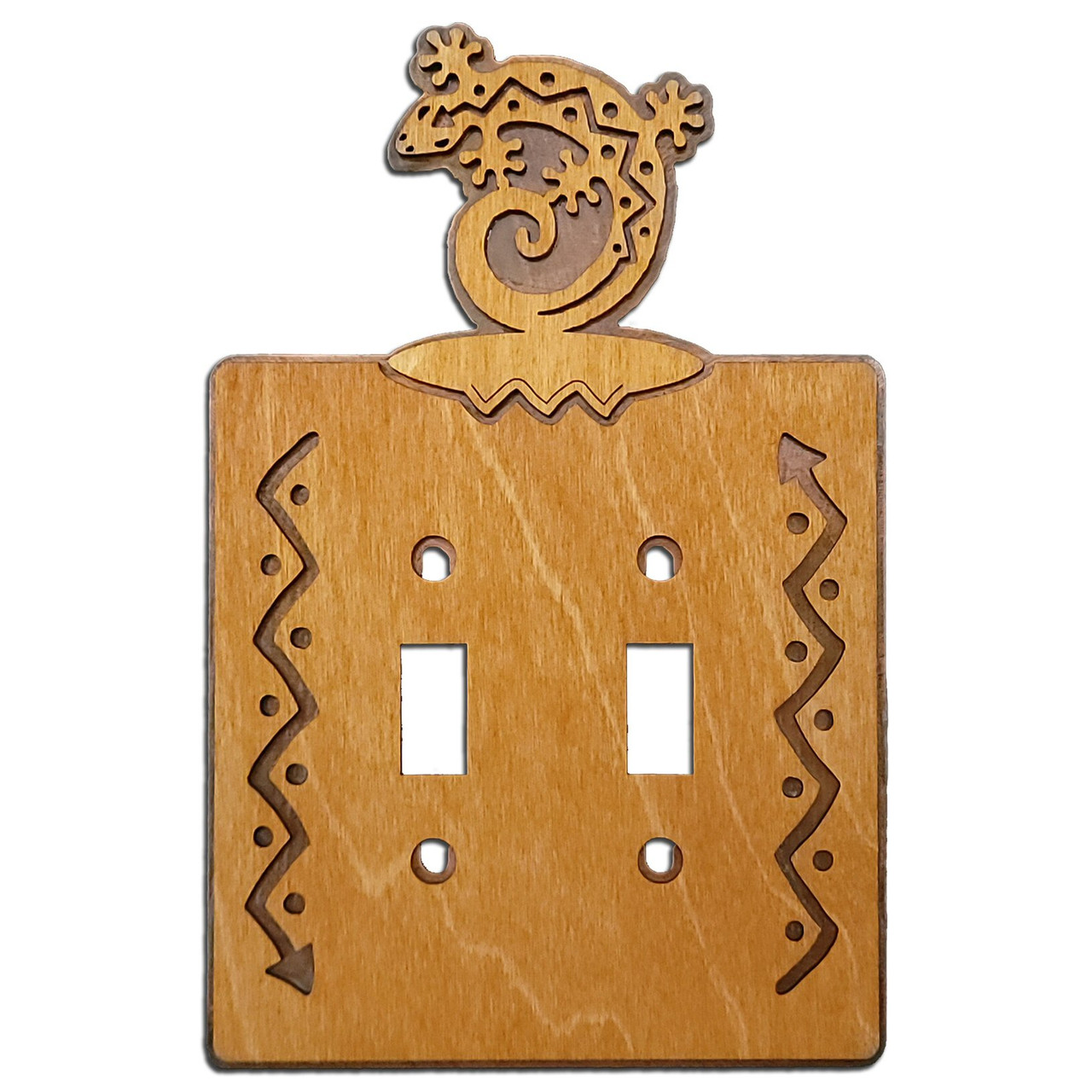 C Shaped Gecko Lizard Double Toggle Switch Plate | Rustic Metal & Wood