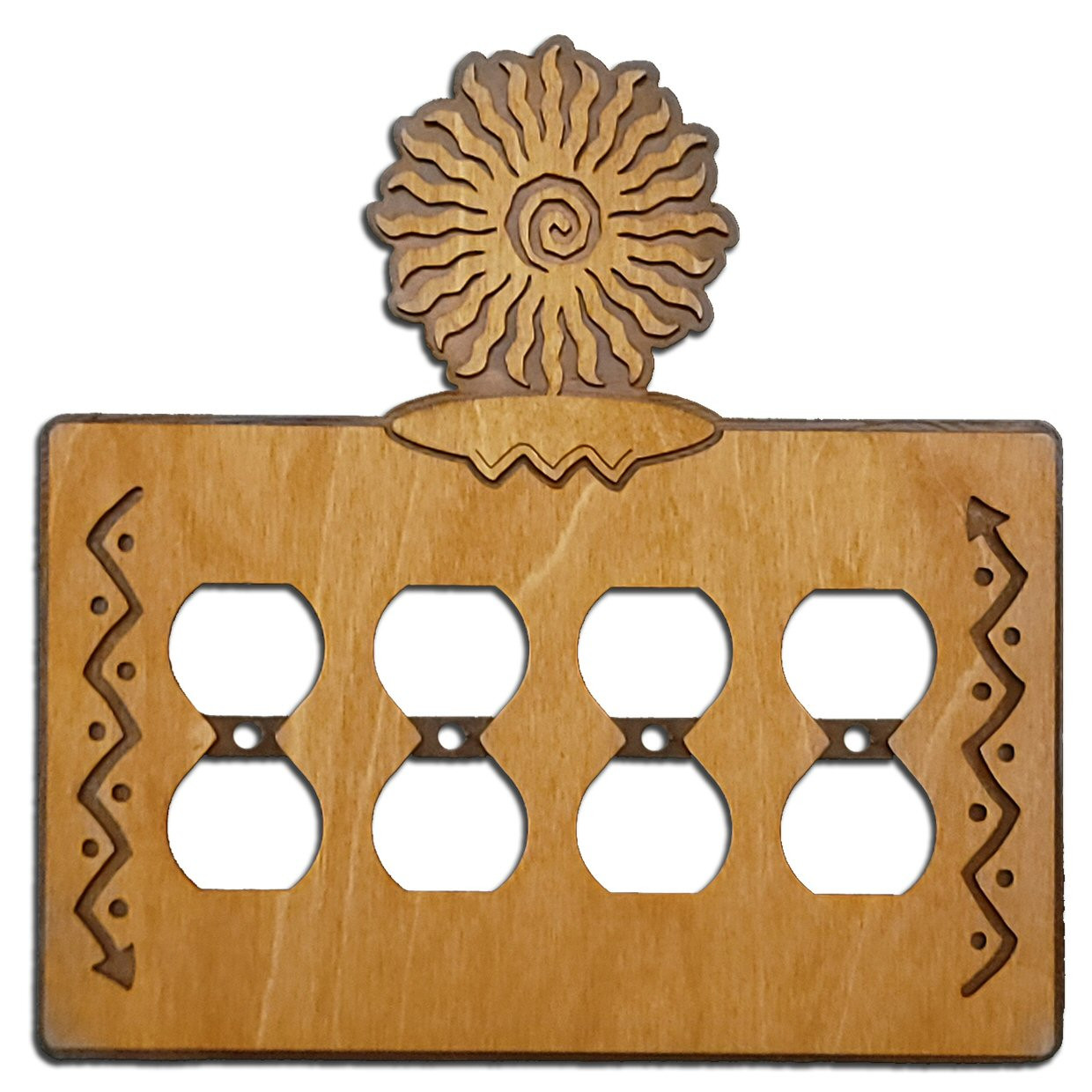 24 Point Sunburst Triple Outlet Cover | Rustic Metal & Wood Plate