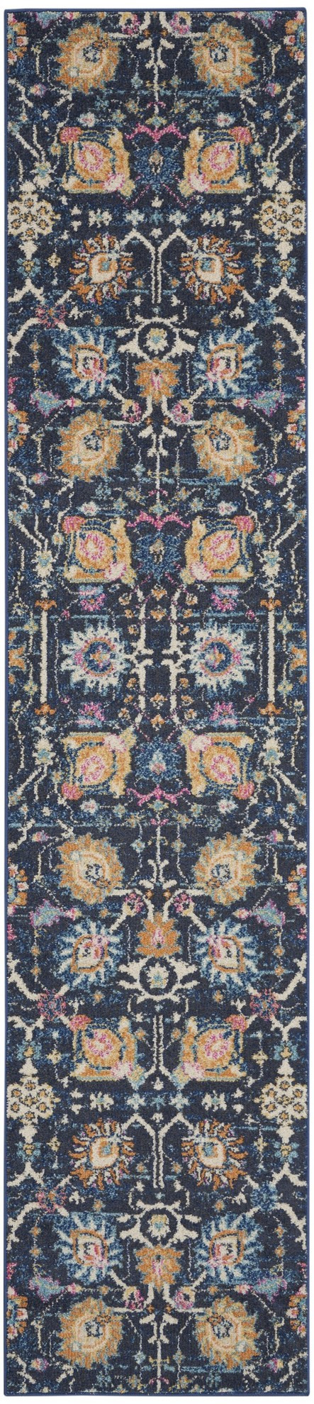 2' x 10' Navy Blue Floral Power Loom Runner Rug