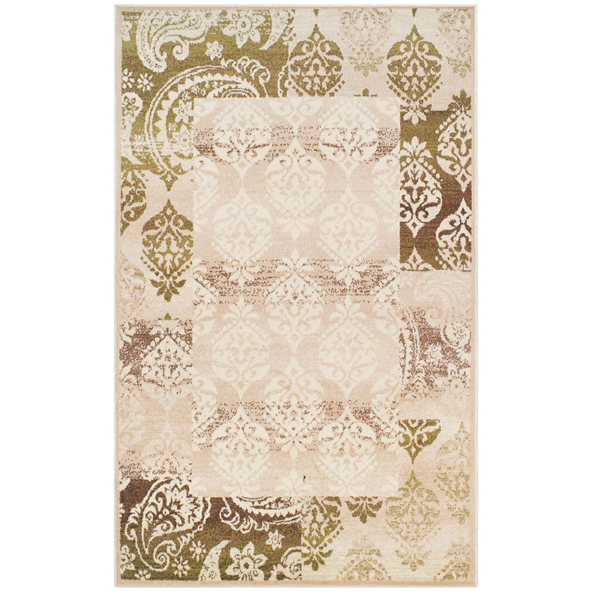 4' x 6' Beige Gray and Black Damask Distressed Stain Resistant Area Rug
