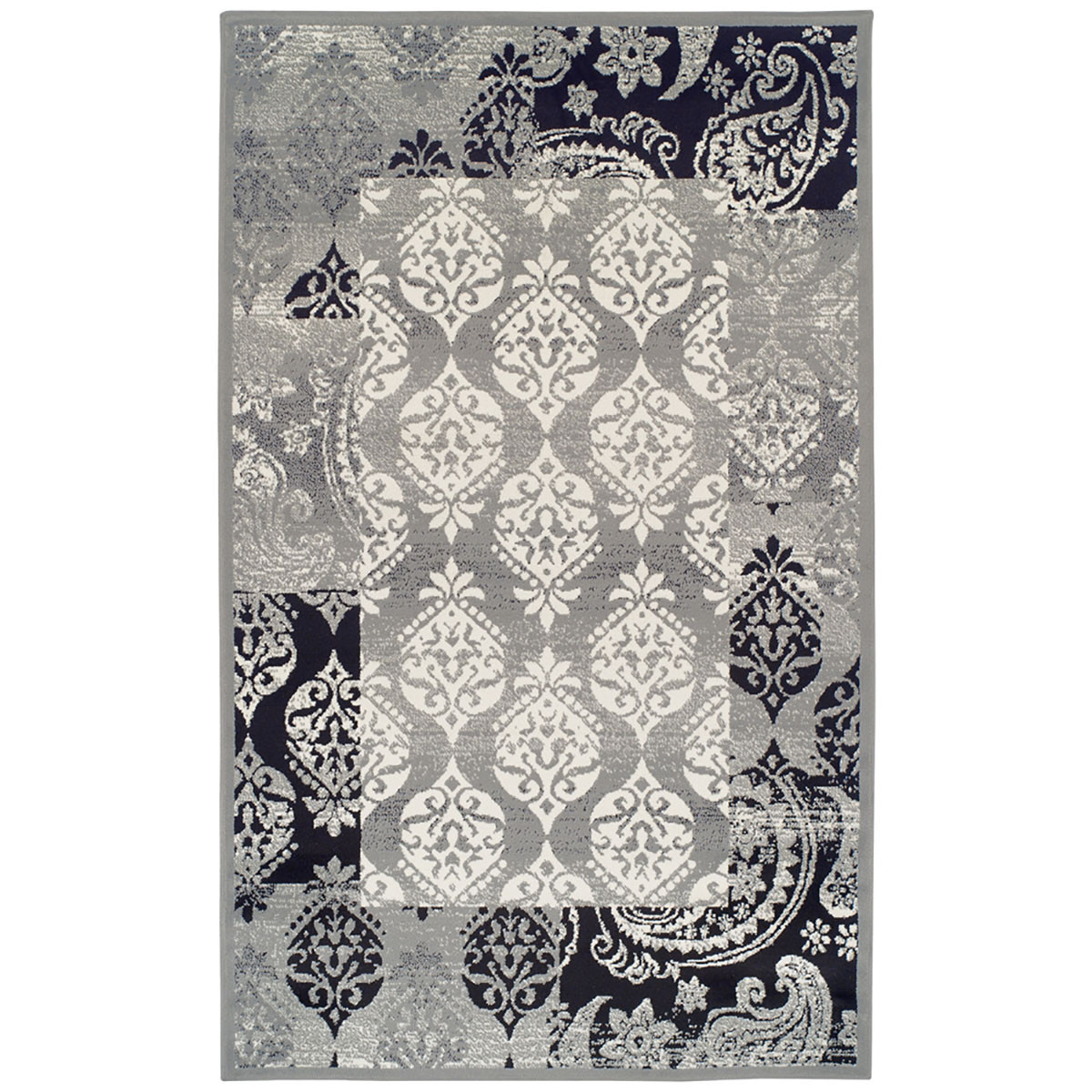 4' x 6' Beige Gray and Black Damask Distressed Stain Resistant Area Rug
