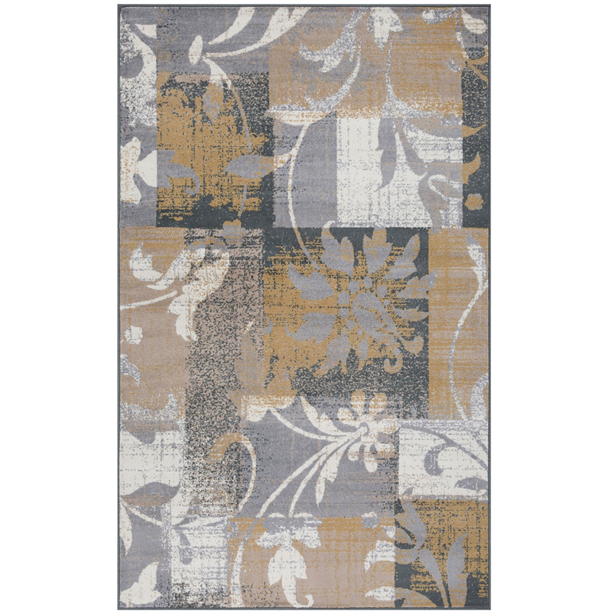 4' x 6' Beige Gray and Black Damask Distressed Stain Resistant Area Rug
