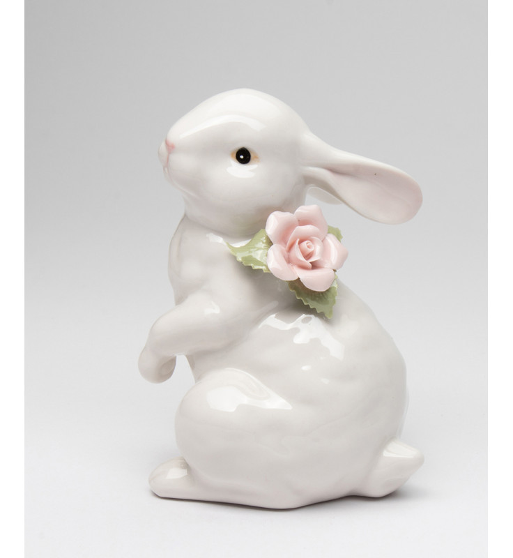 Rabbit with Pink Rose Porcelain Sculpture - Cosmos