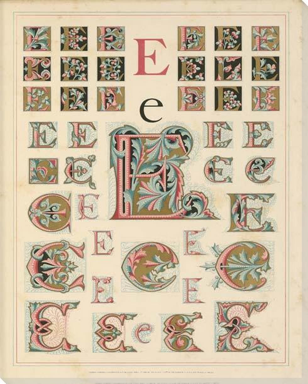 Initiale E Full Wrapped Canvas Giclee Art Print Wall Art | Typography ...