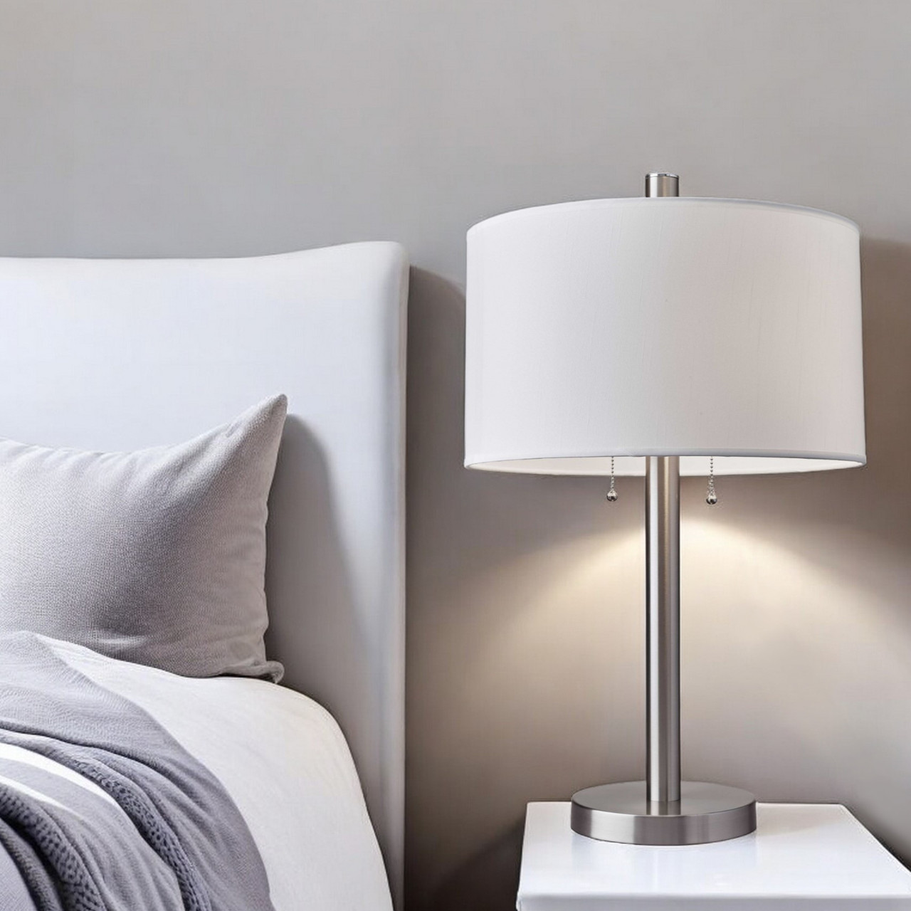 Set of Two 30" Silver Metal Two Light Bedside Table Lamps with White ...