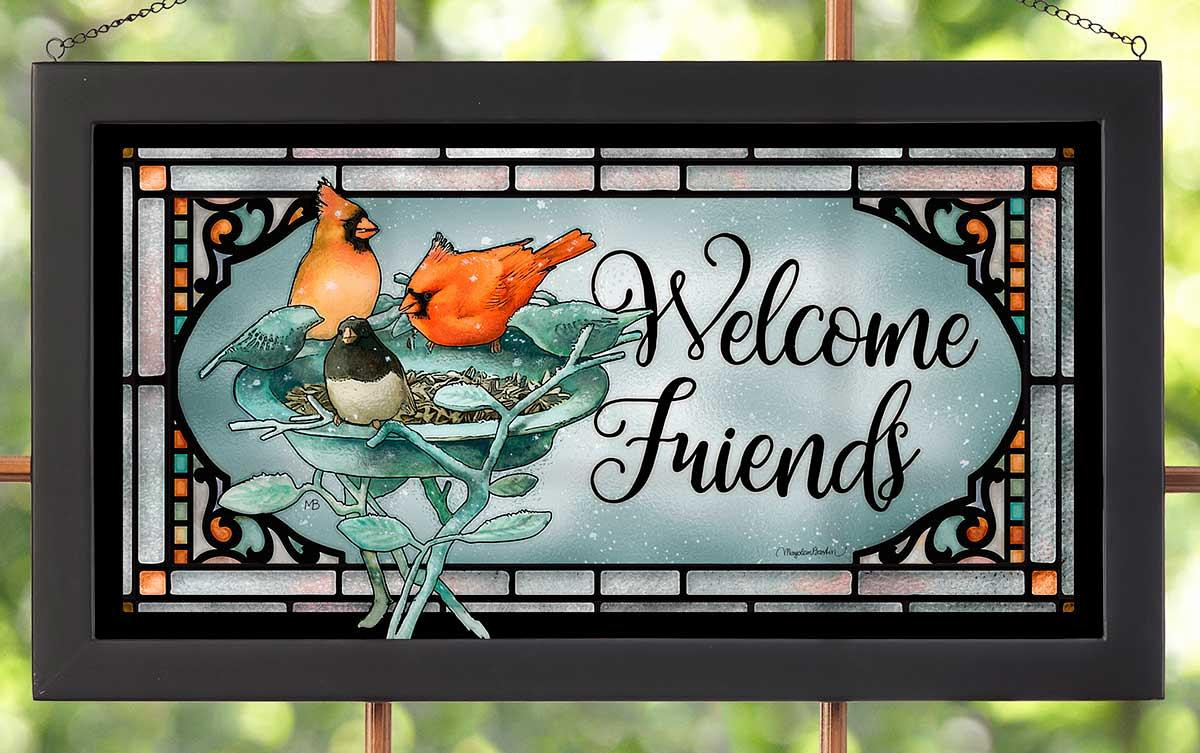 Welcome Friends Cardinal Birds Framed Glass Wall Art - Wall Decor ...