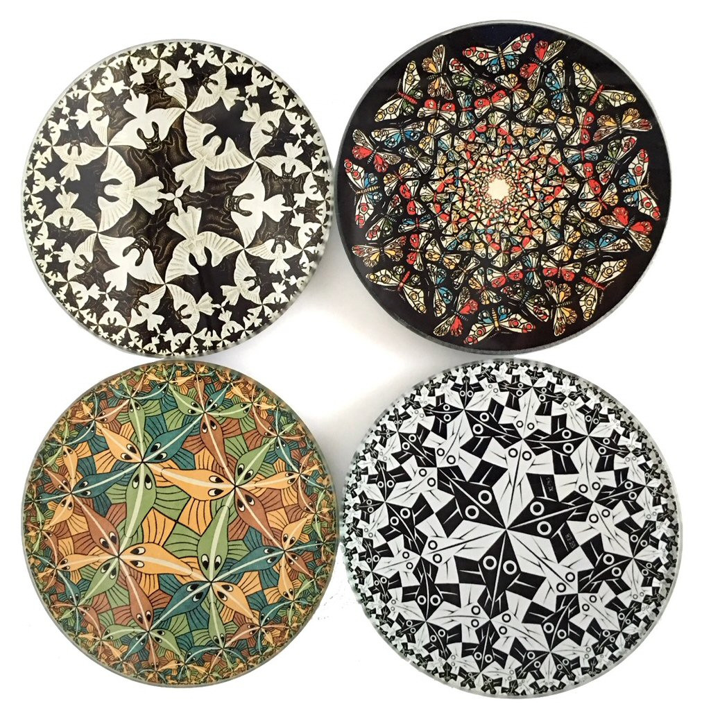 Escher Tessellations Circles Geometric Glass Drink Coasters with Metal ...