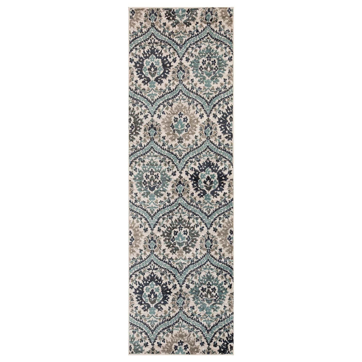 3' x 10' Runner Ivory Blue and Gray Floral Stain Resistant Runner Rug
