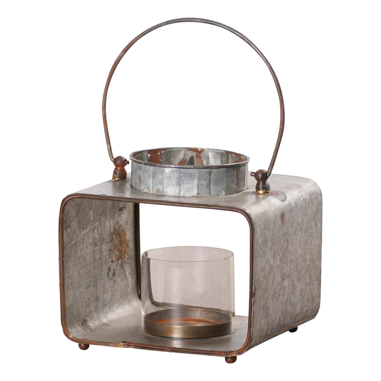 Rustic Square Lantern with Glass Cylinder - Candle Holder